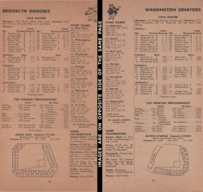 1956 Brooklyn Dodgers Washington Senators Griffith Ebbets Field Vintage ...