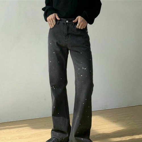 Men Bell Bottom Jeans Irregular Trouser Retro Black Slim Long Flared ...