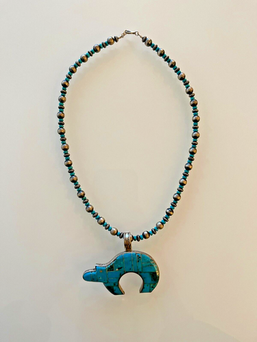 Zuni Native American Sterling Silver & Turquoise Inlay Bear Pendant ...
