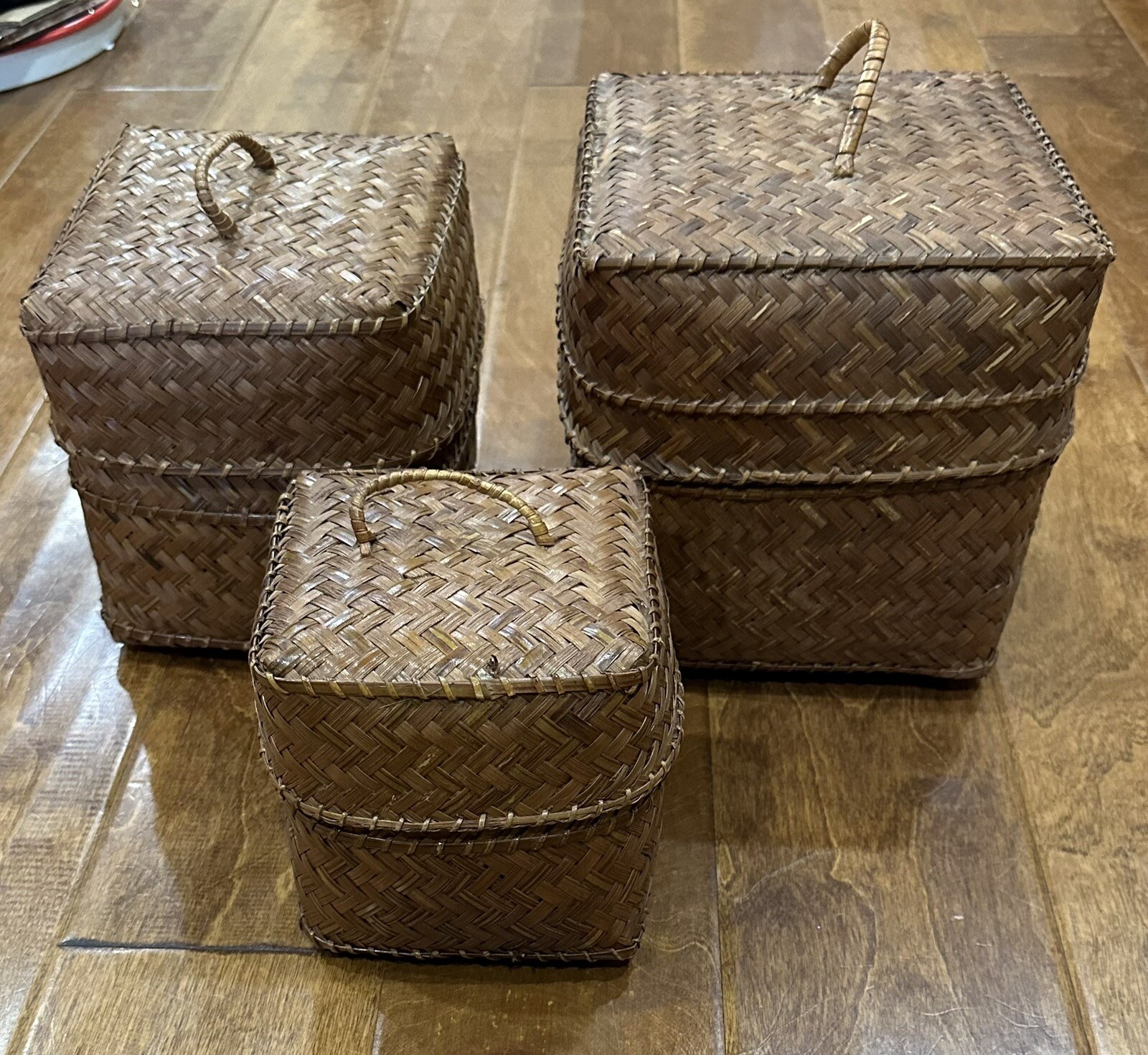 Vintage Set Of 3 Nesting Square Baskets W/Lids Made In Philippines 7.5 ...