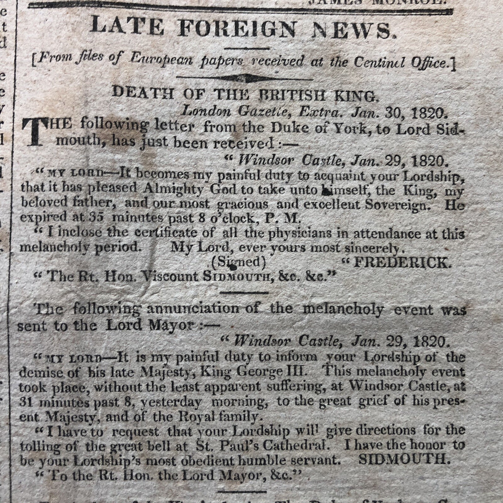 1820 newspaper KING GEORGE III DEAD of PORPHYRIA English King ...