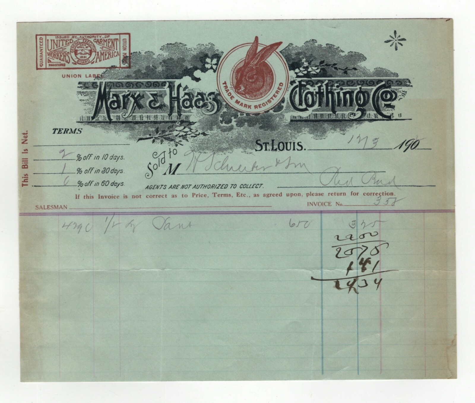 1900 MARX & HASS COMPANY CLOTHING ST. LOUIS UNION LABEL RABBIT LOGO | eBay