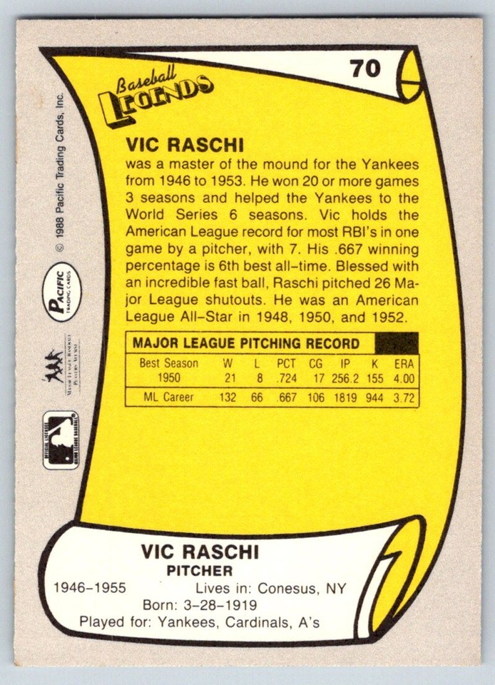 1988 Pacific Legends I #70 Vic Raschi | eBay
