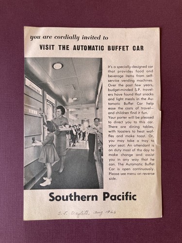 Southern Pacific Automatic Buffet Car 5”x7” Single Sheet Menu/Pink ...