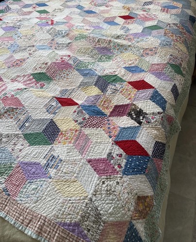 VTG Handmade Patchwork Quilt Tumbling Blocks 3D Pattern Multicolor 69 ...