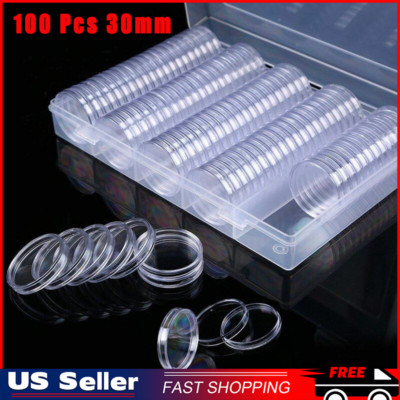 100 Pcs 30mm Clear Coin Capsule Round Plastic Holder Container Storage ...