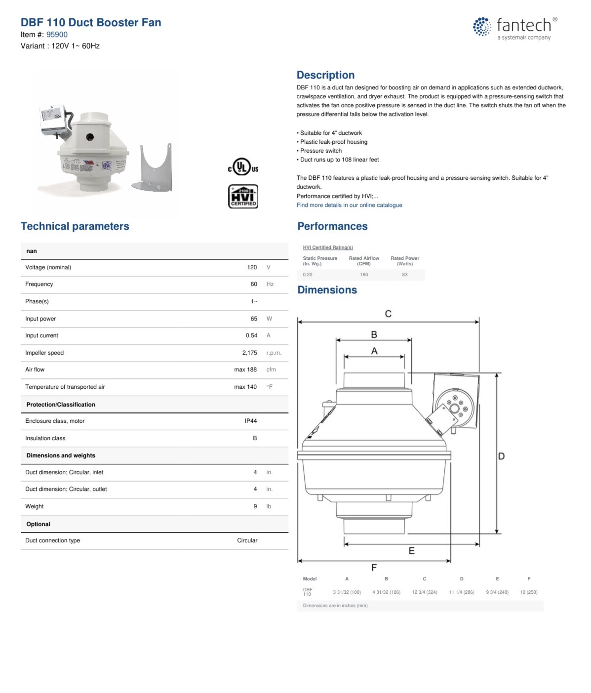 Fantech DBF 110 Dryer Duct Booster Fan 4", 120 V, 167 CFM 650737121105 ...