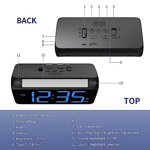 Digital Alarm Clock, Alarm Clocks for Bedrooms with 8 Color Night Light ...