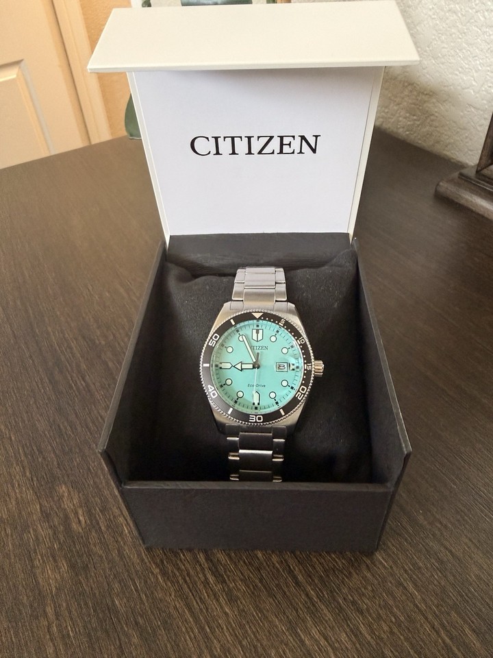 Citizen Eco-Drive Turquoise Dial Stainless Steel Diver Men's Watch Date ...