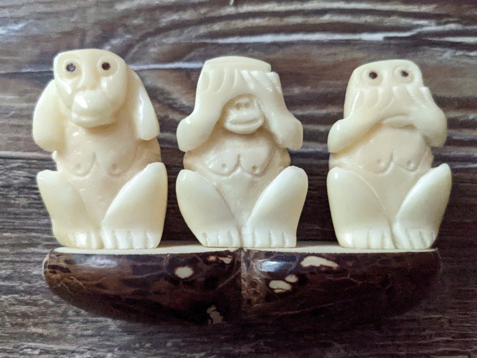 Three Wise Monkeys Tagua Nut Carved Figurine see no speak no hear no ...