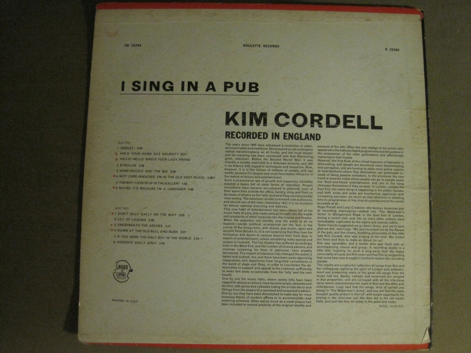 KIM CORDELL I SING IN A PUB LP '65 ROULETTE R-25284 UK JAZZ POP RARE VG ...
