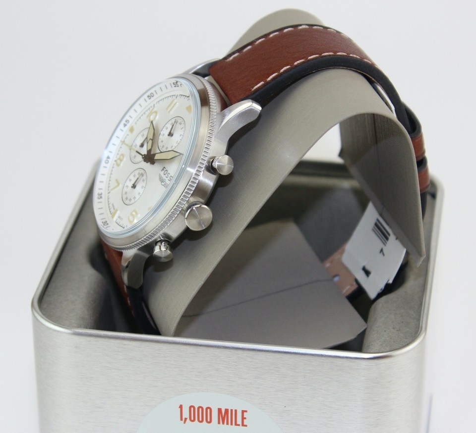 NEW AUTHENTIC FOSSIL RETRO PILOT SILVER BROWN CHRONOGRAPH ECO FS5809 ...