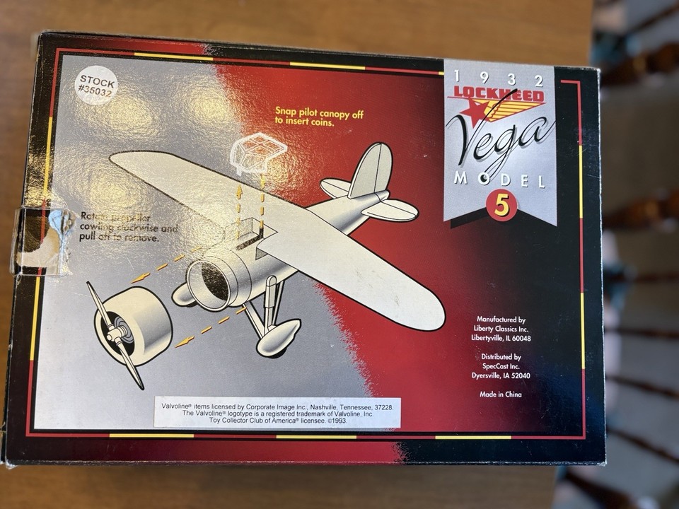 Liberty Classics 1932 Lockheed Vega Model 5 Valvolene Airplane Bank NIB ...