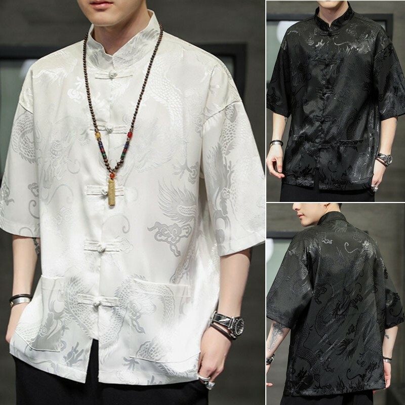 Men Chinese Tang Suit Top Shirt Half Sleeve Frog Button Dragon Print ...