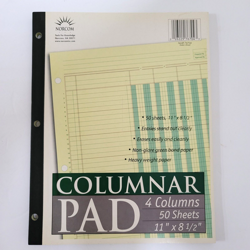 Columnar Ledger Pad 4 Columns 8.5" x 11" Letter Size 50 Sheets 20lb ...