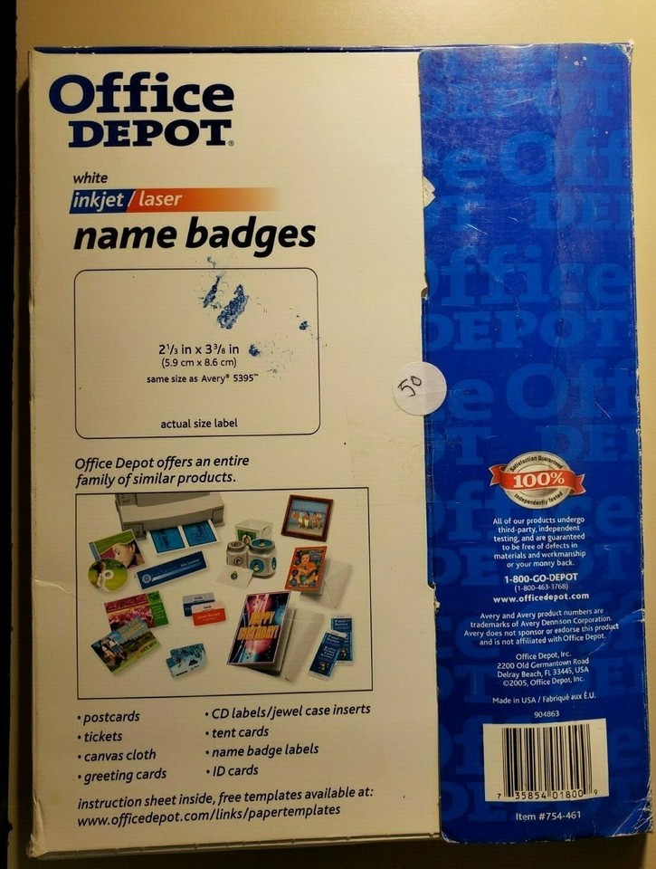 Office Depot name badges white inkjet / laser 50 Sheets 400 labels ...