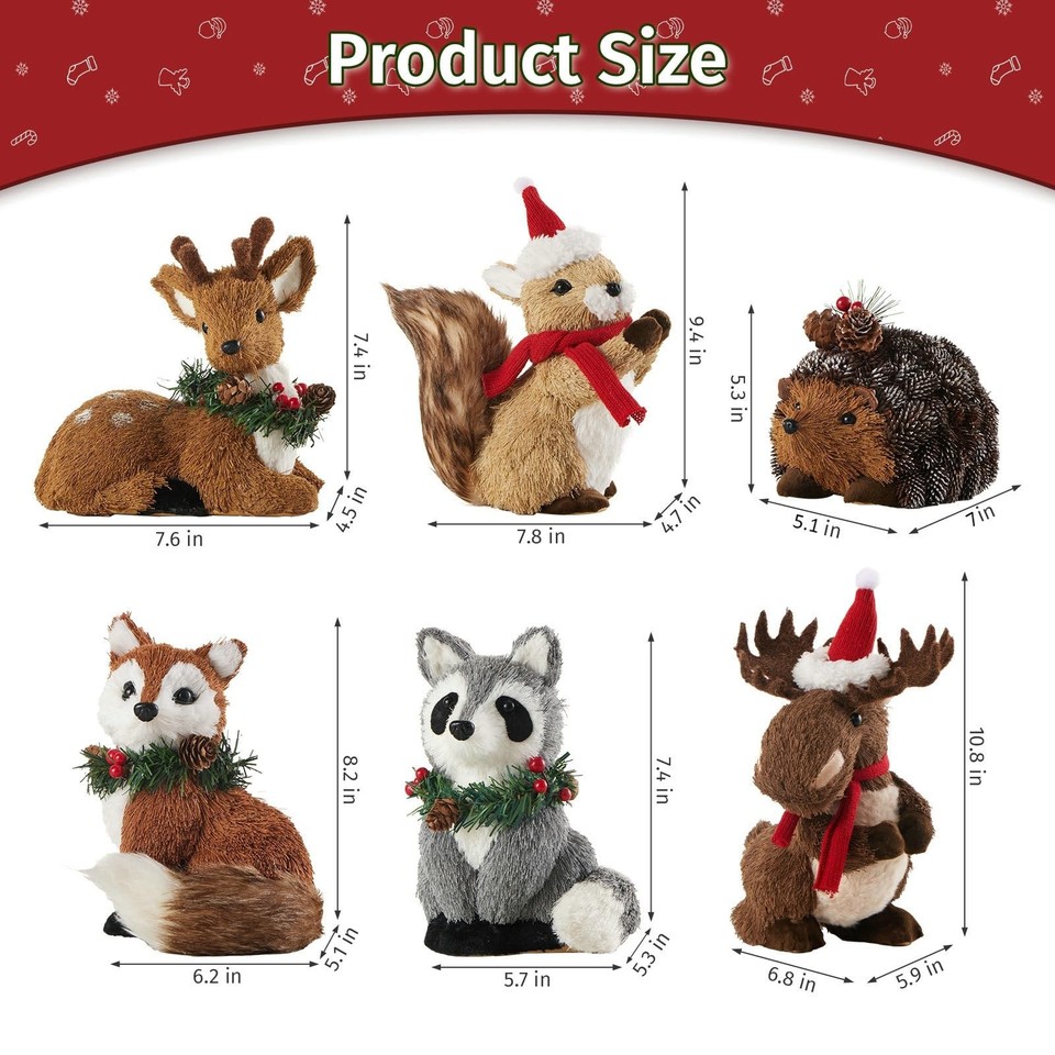 Set of 6 Sisal Woodland Animals for Rustic Christmas Decorations ...
