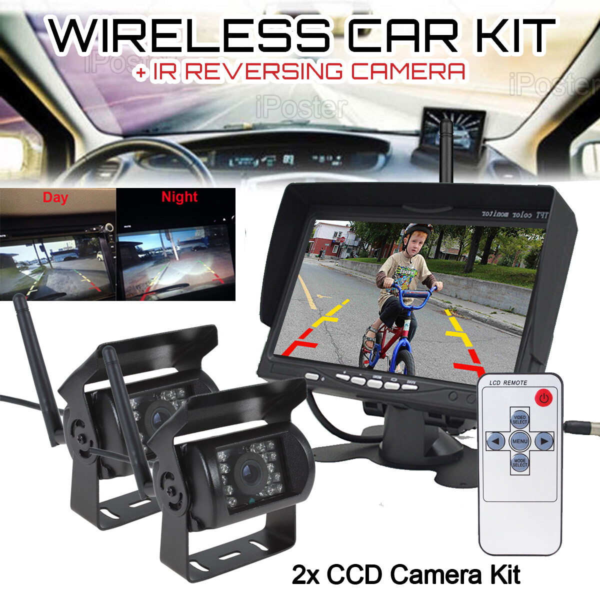 24V Reversing Kit 7" LCD Monitor 2 CCD IR Cameras Wireless Horse ...