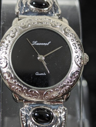 Lucoral Round Silver Tone Case Red Coral Black Onyx Cabochon Watch 6.5 ...