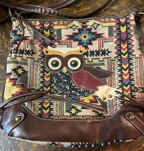 Owl Aztec Print Crossbody Purse Brown Mustard Red Blue 14”x 13.5”Studs ...