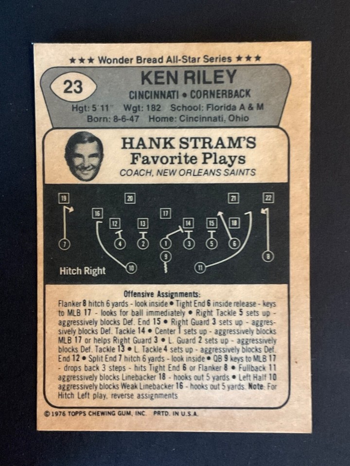 Ken Riley 1976 Wonder Bread All-Star Series Football Card #23 ...