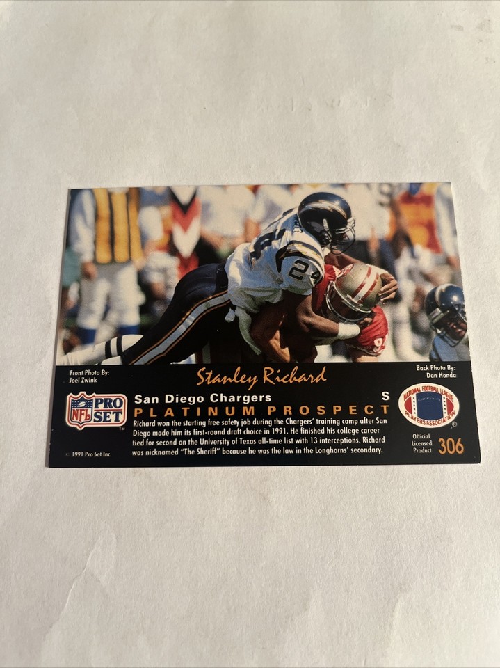 1991 Pro Set Platinum Stanley Richard RC Rookie #306 San Diego Chargers ...