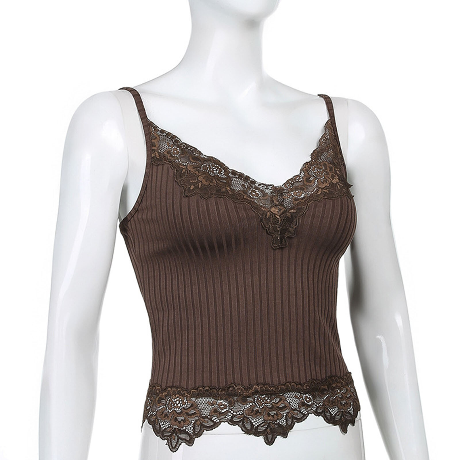 Lace Patchwork Brown Crop Tank Top Y2K Women Spaghetti Strap Camisole ...