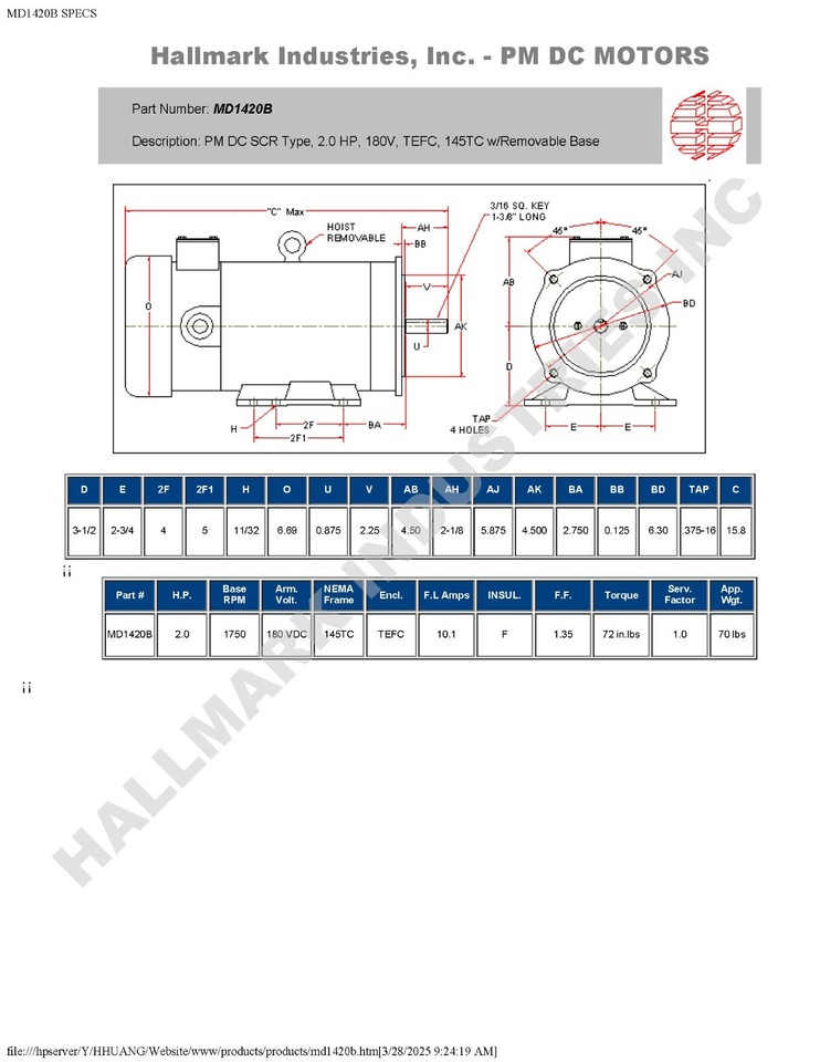 DC MOTOR, 2HP, 145TC, 180V, 1750RPM, TEFC, Hallmark Industries | eBay
