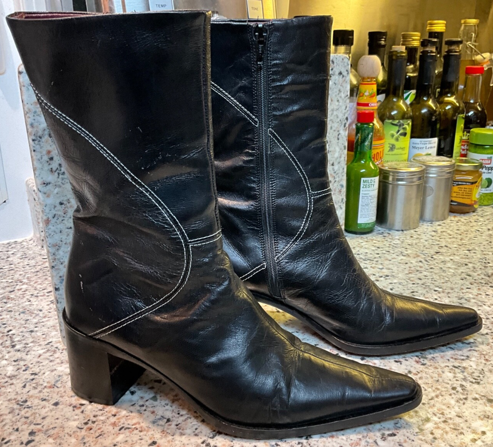 G F J ITALIAN BLACK LEATHER BOOTS SIZE 37/6.5 GFJ ZIP RED SOLES | eBay