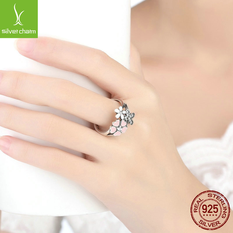 925 Sterling Pink Daisy Flower Poetic Cherry Blossom Finger Ring Fit ...