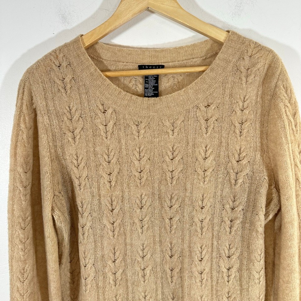 Theory wool camel cable knit sweater Dania B Womans Large neutral quiet ...
