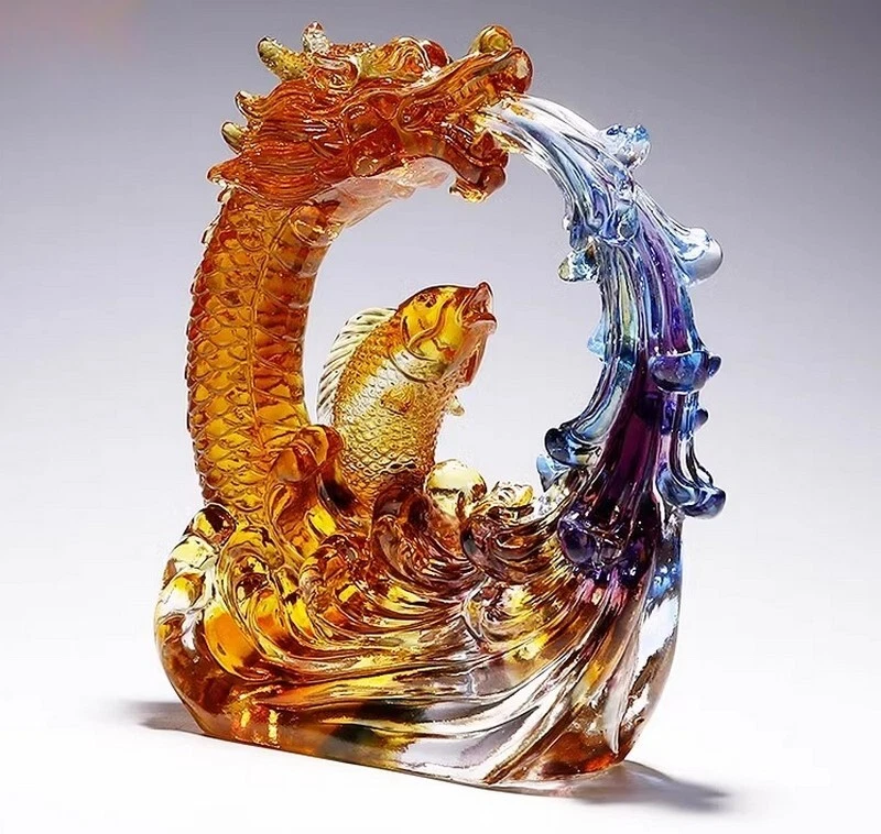 Chinese Liu Li Crystal Glass Jumping Carp Fish Dragon Gate Statue 2024 ...