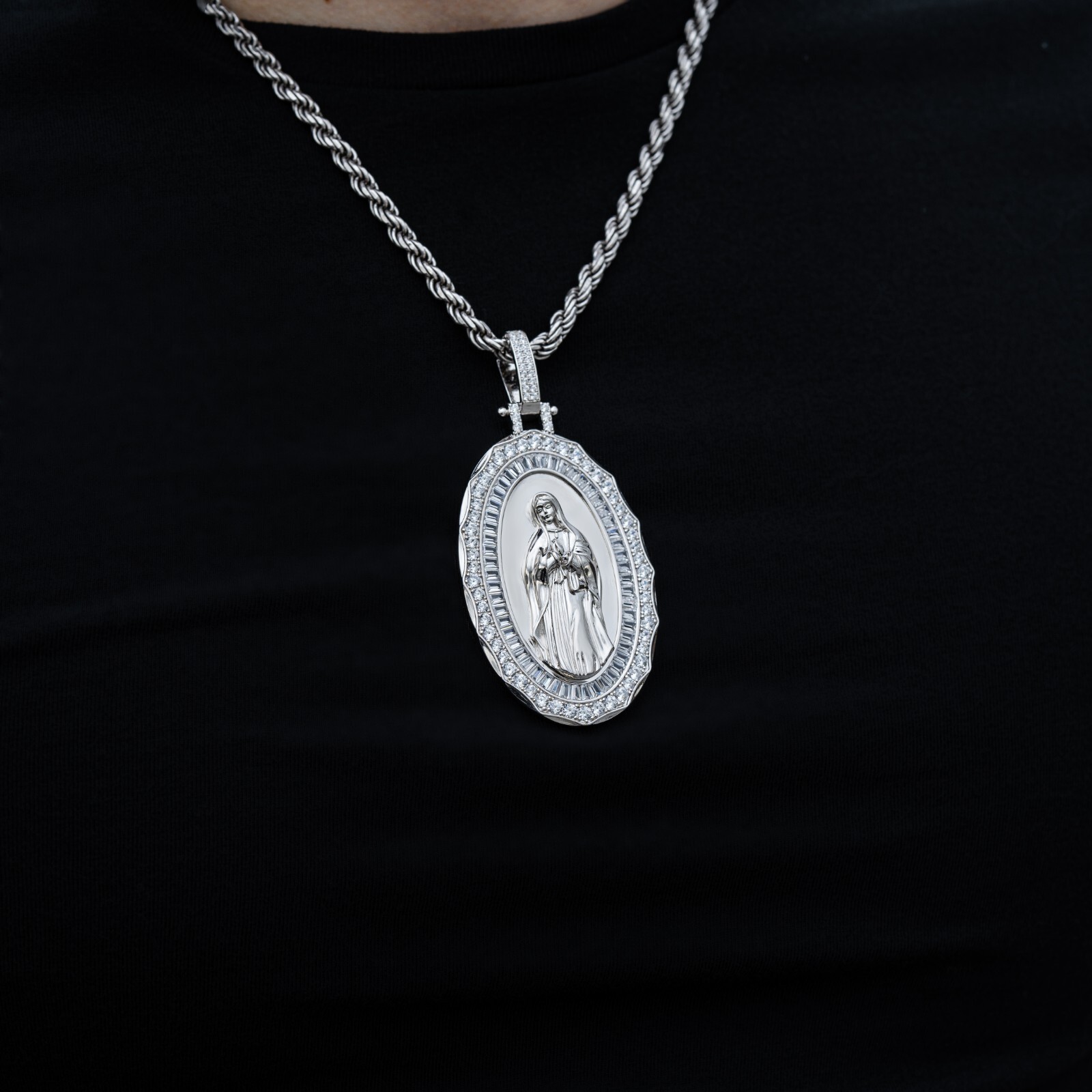 Solid 925 Sterling Silver Virgin Mary Pendant Oval Amulet Iced Necklace ...