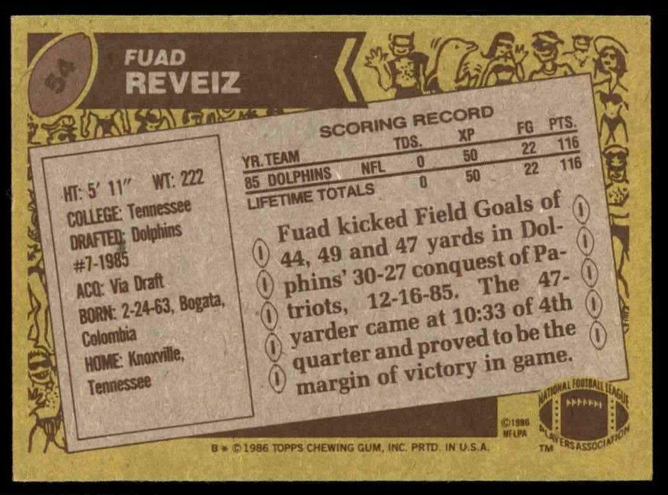 1986 Topps Fuad Reveiz Miami Dolphins #54 | eBay