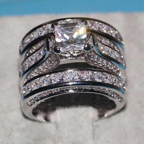 Fashion Women 925 Silver Filled Wedding Set Ring Round Cut Cubic Zircon ...