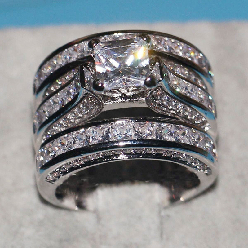 Fashion Women 925 Silver Filled Wedding Set Ring Round Cut Cubic Zircon ...