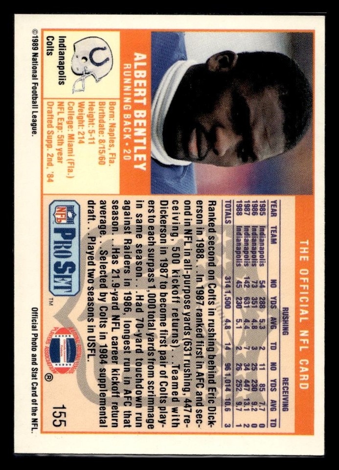 1989 Pro Set Football Card #155 Albert Bentley Indianapolis Colts | eBay