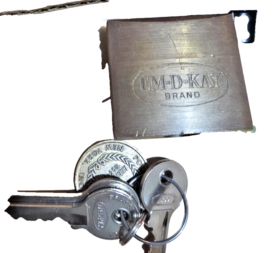 VINTAGE BRASS EM-D-KAY PADLOCK has 2" body with original brass key w/2 ...