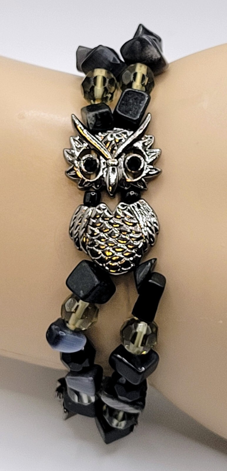 UNICA Owl Bracelet BEADED GLASS & STONE Silvertone 6-7" Boho GOTH CHIC ...