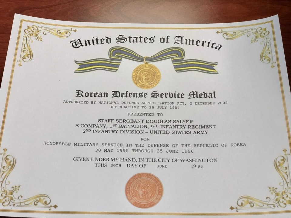 KOREAN DEFENSE SERVICE MEDAL CERTIFICATE ~ With Free Printing (Any ...