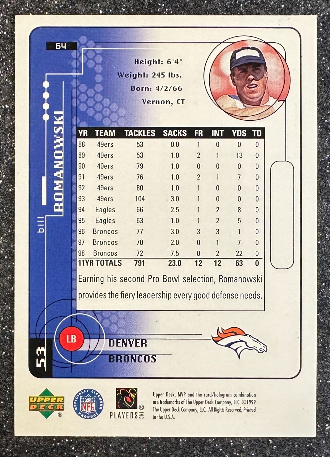 1999 Upper Deck MVP Bill Romanowski #64 Denver Broncos (2x Pro Bowl) | eBay