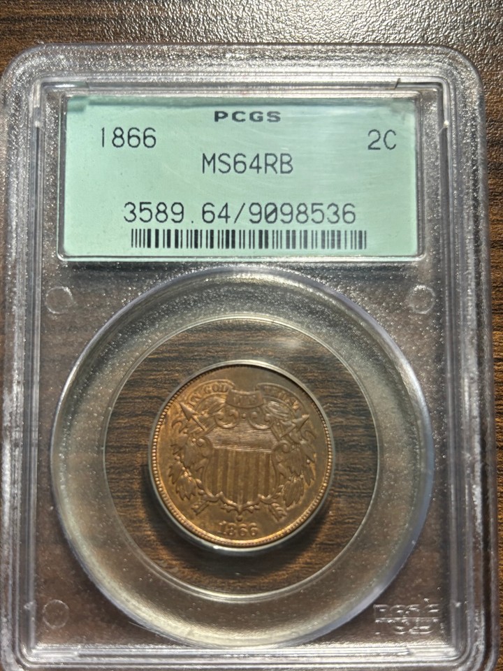 1866-P Two Cent Piece 2C PCGS MS 64 MINT STATE 64 Red Brown RB OLD ...