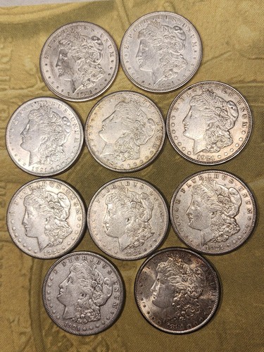 Lot (10) Morgan Dollars 1921 Mixed Mints Mixed Condition $10 Roll 90% ...