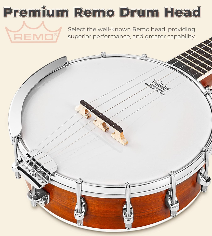 5 String Banjo 26 Inch, MINI Travel Banjo, Banjo Beginner Kit with Remo ...