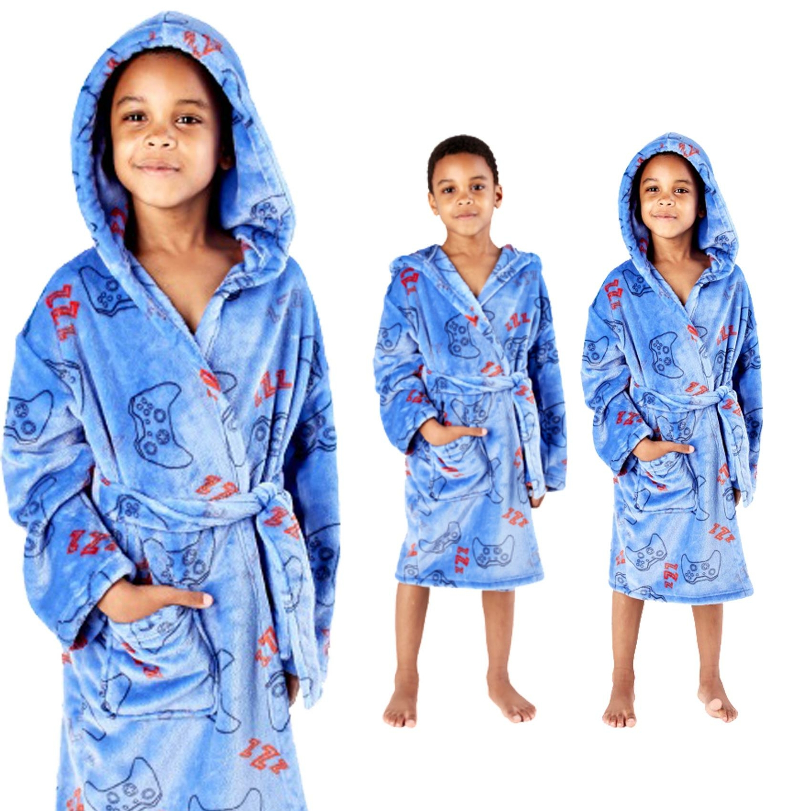 Boys Childrens Soft Fleece Retro Game Hooded Robe Dressing Gown Blue 5 ...