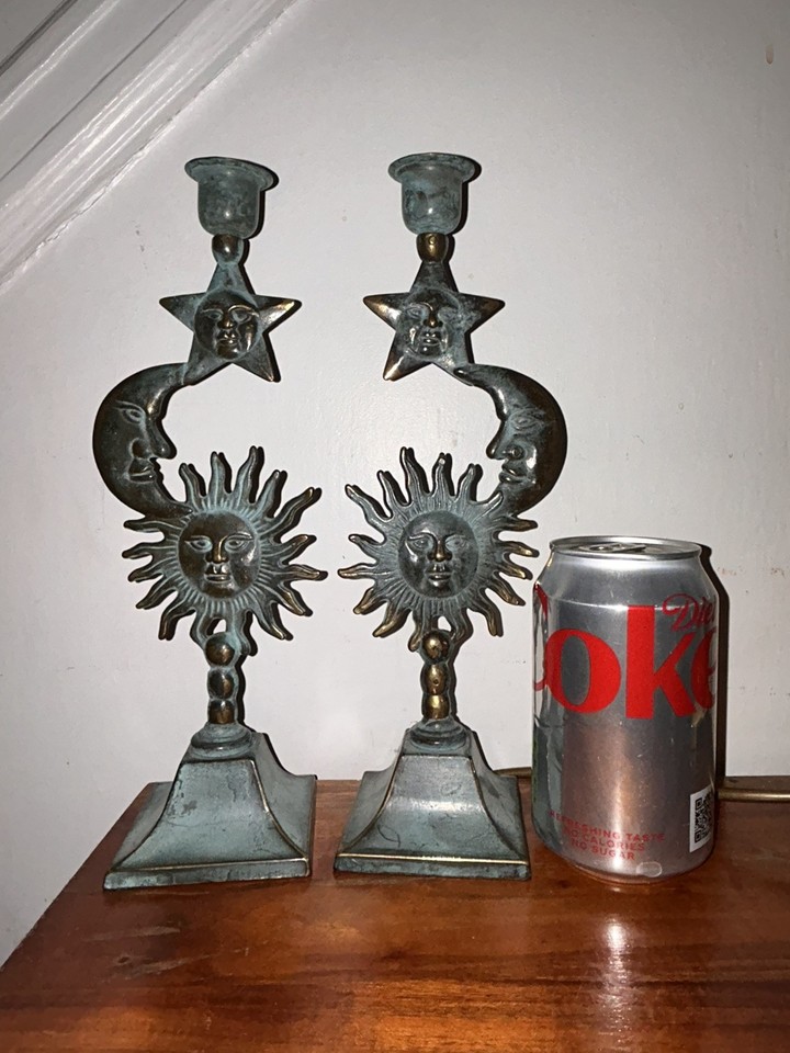 Vintage Pair Brass Verdigris Wiccan Gothic Celestial Moon Sun Star ...