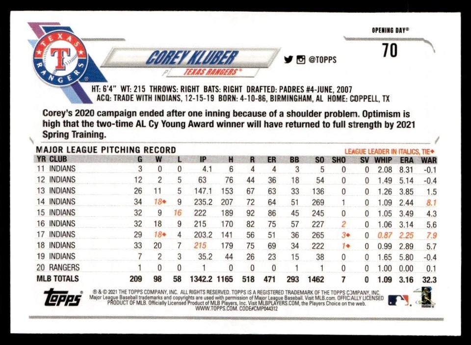 2021 Topps Opening Day Corey Kluber Texas Rangers #70 | eBay