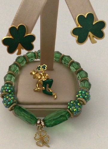 Shamrock Clover Green Jewelry Lot Avon Leprechaun Pin Beads Enamel Gold ...