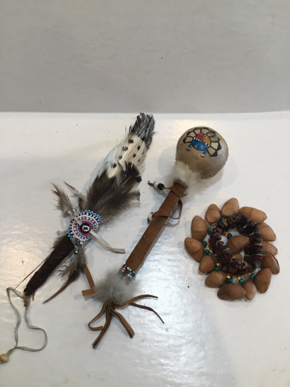 Navajo Ceremonial Rawhide Rattle with Sun God Tsohanoai Smudge Fan ...