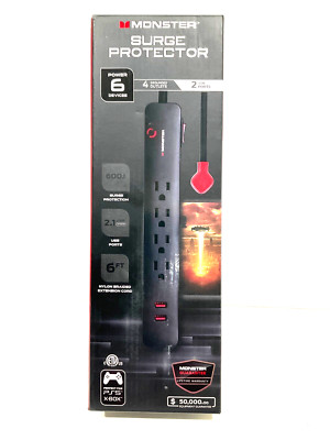 MONSTER SURGE PROTECTOR 4 GROUNDED OUTLET and 2 USB ports 600 J 6 FT ...